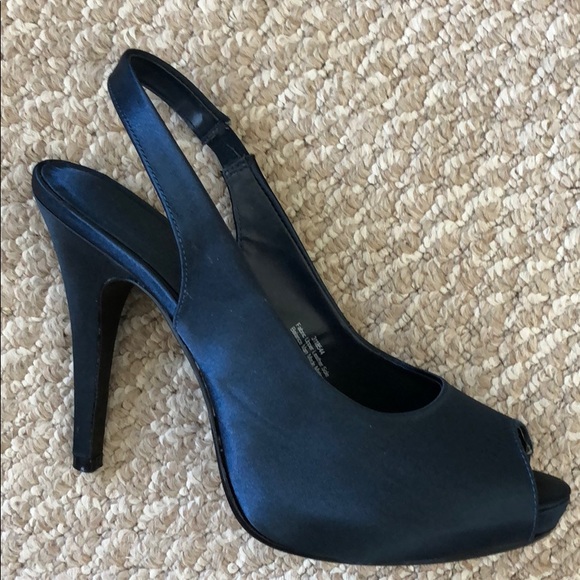 Lulu Townsend | Shoes | Navy Blue Satin Peep Toe Heel Stretchy Strap ...
